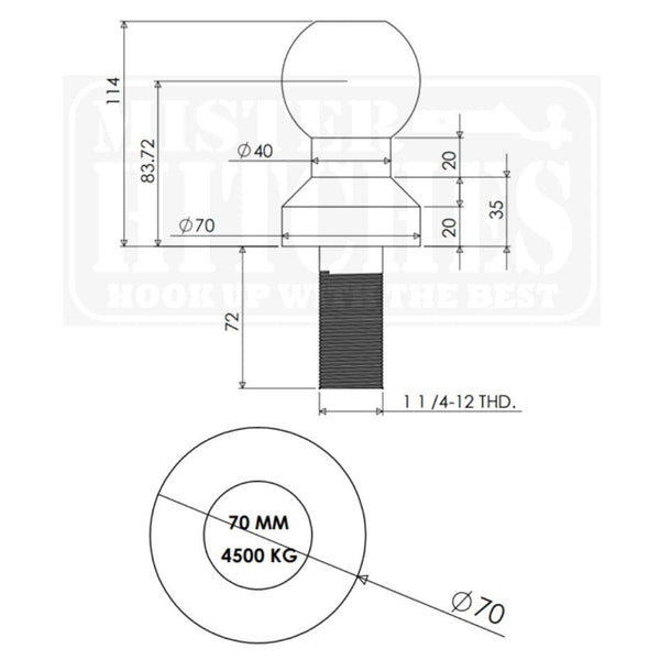 4.5T 70mm Tow Ball 1-1/4" Shank MISTER HITCHES